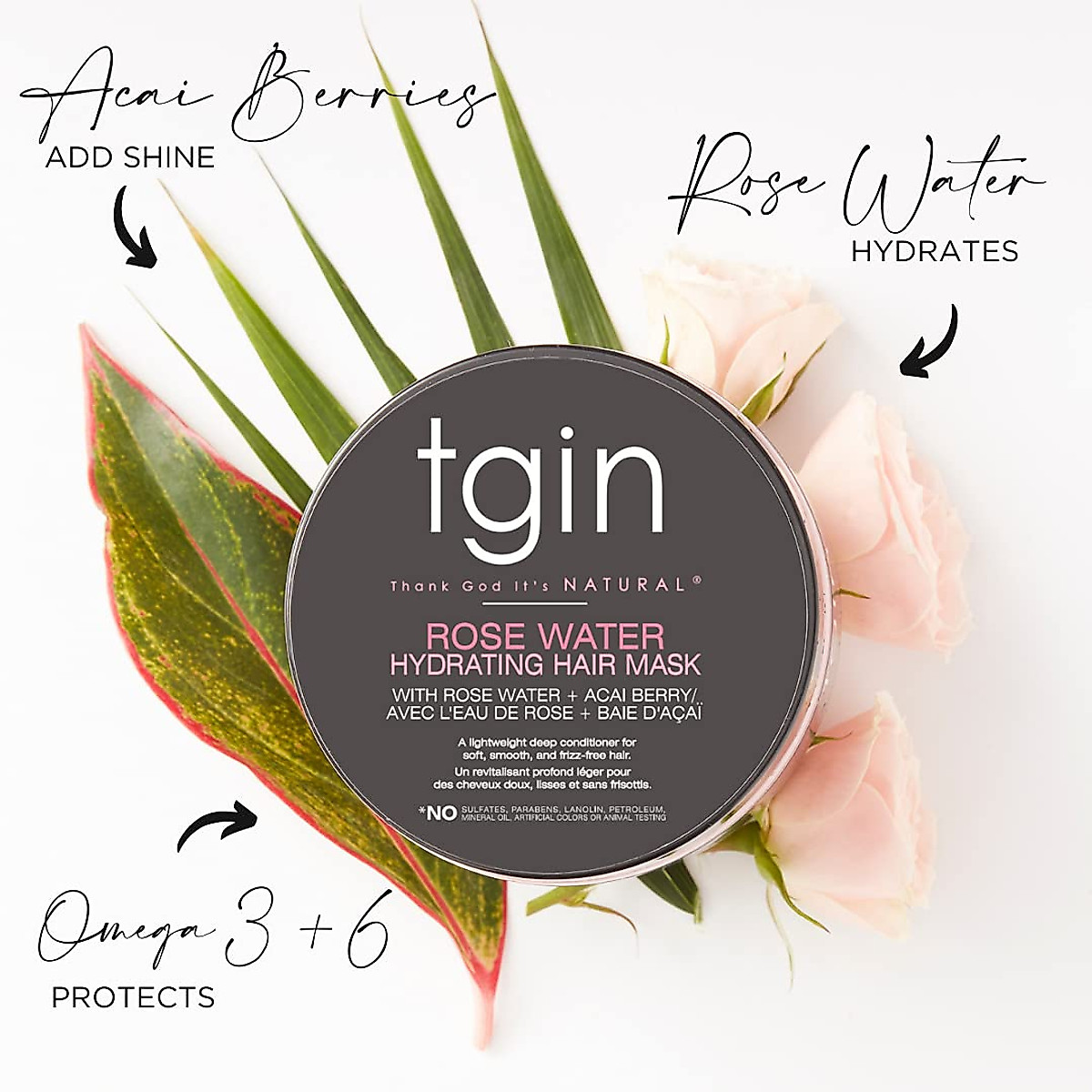 tgin Rose Water Hydrating Hair Mask for Natural hair, with Rose Water and Acai Berries, Hydrating Conditioning Treatment for Dry Hair, 12 oz