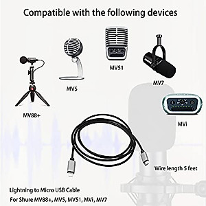 iOS 15 to MicroUSB OTG Cable Commpatible with Shure MV5, MV51, MV7, MV88+ and Mvi (AMV-LTG15), Motiv Products, 1.5m 5feet, for iPhone 13 12 Mini Pro Max,11, Xs Xr, New SE 8, AMV-LTG15 Replacement