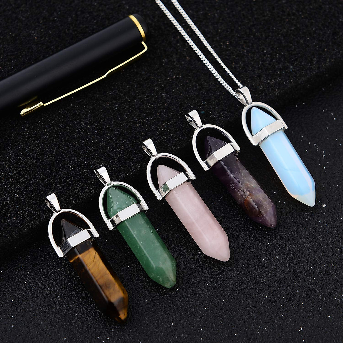 JXMYBA 5pcs Crystal Necklace Hexagonal Pendant Gemstone Chakra Healing stone Crystal Jewelry for Women Girls Men Birthday Gifts…