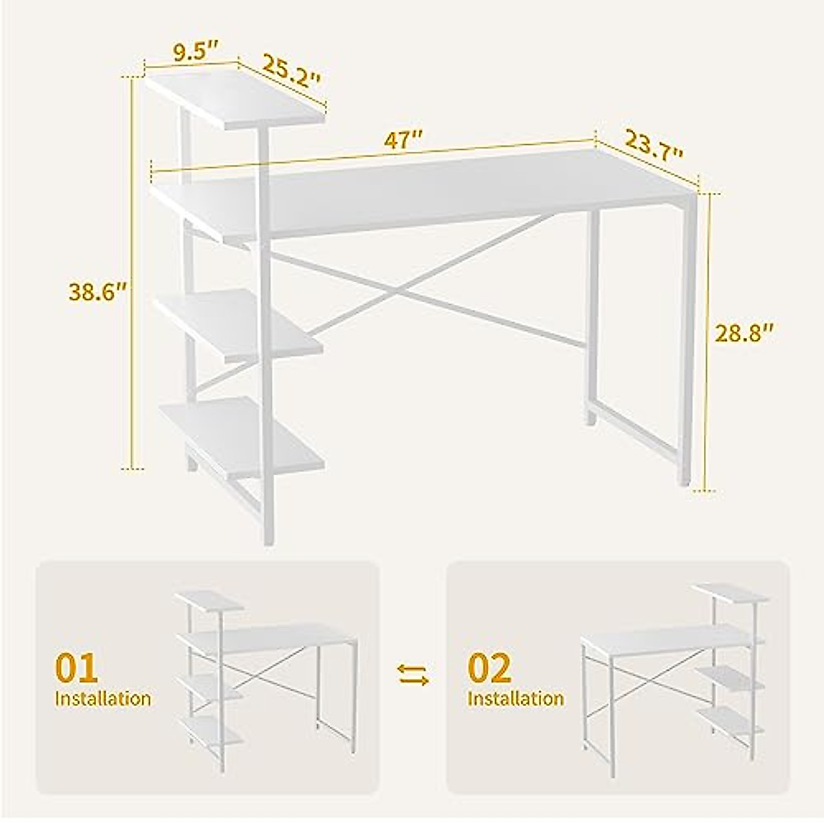 CubiCubi Small Computer Desk with Storage Shelves, 47 Inch Home Office Desk Study Writing Table for Small Space, White