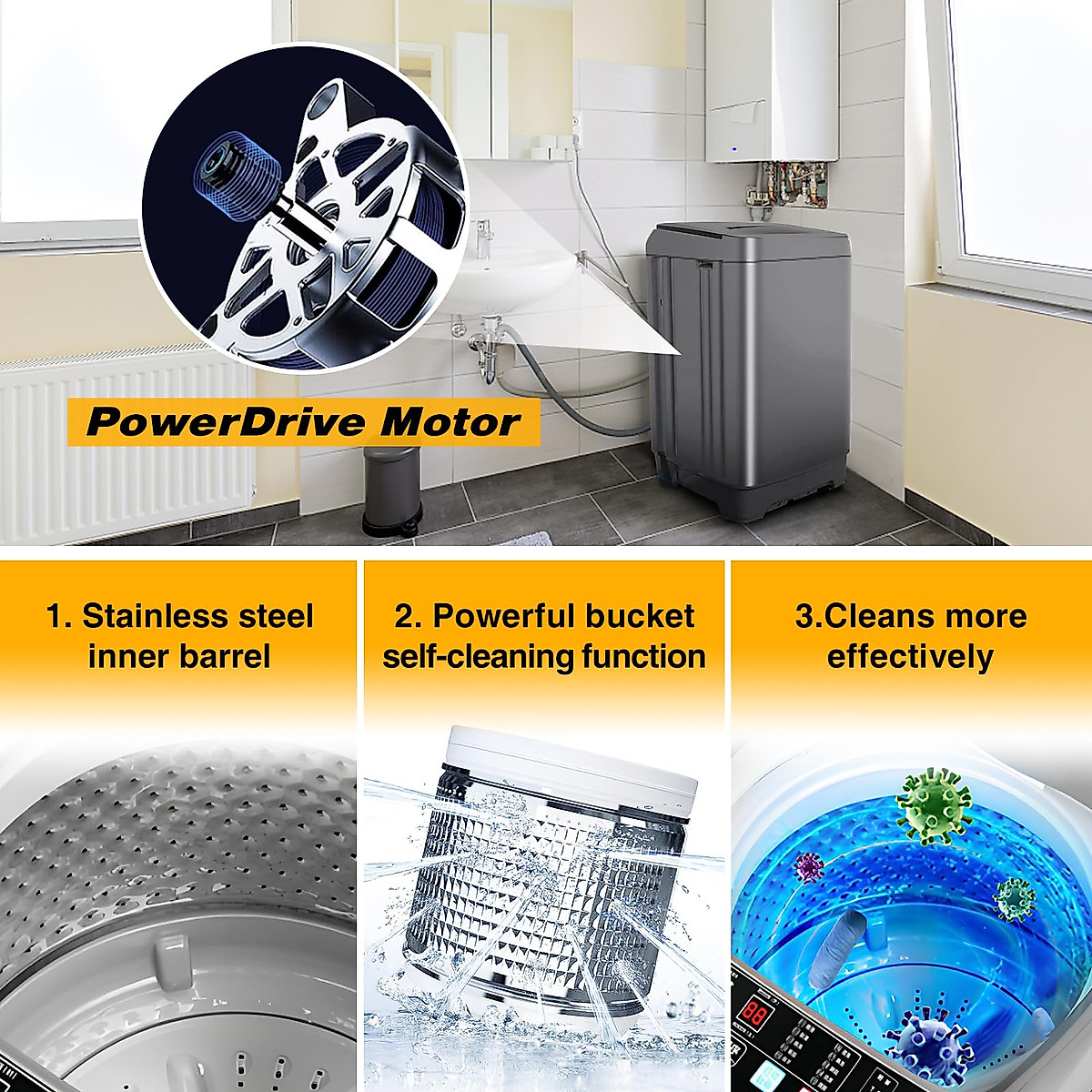 Portable Washing Machine, 25 LBS Full Automatic Portable Washing Machine with 8 Water Levels and 10 Programs Laundry Drain Pump, Grey Low Noise Washing Machine for Camping, Apartment