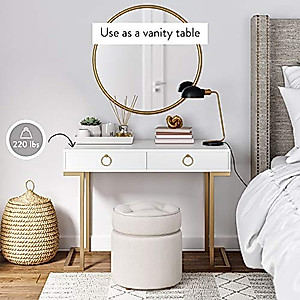 Nathan James Leighton Two-Drawer Writing Glam Accents Brass, Home Office Computer Desk or Vanity Table, 2, White/Gold