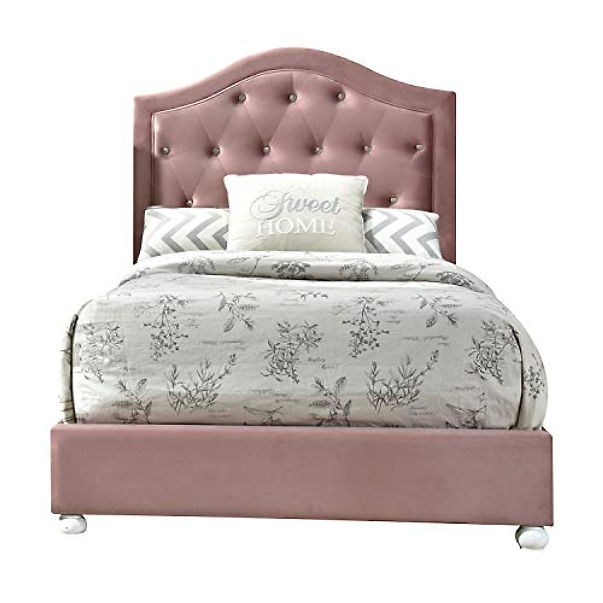 Acme Furniture Upholstered Full Bed with Wood Legs and Tufted Headboard, 81" x 57" x 46"H, Pink Fabric