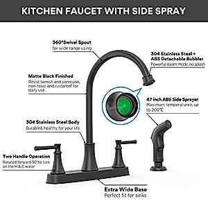 GOWIN Kitchen Faucet with Sprayer,Black Kitchen Faucet, High Arc 2 Handle Kitchen Sink Faucet,Stainless Steel 3 or 4 Hole Kitchen Faucet with Side Sprayer,8 Inch Centerset Faucet for Kitchen Sink