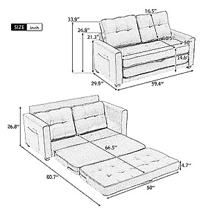 Lifeand Modern Upholstered Couch with Side Pocket for Living Room Office 59.4" Loveseat Sofa with Pull-Out Bed, Brown