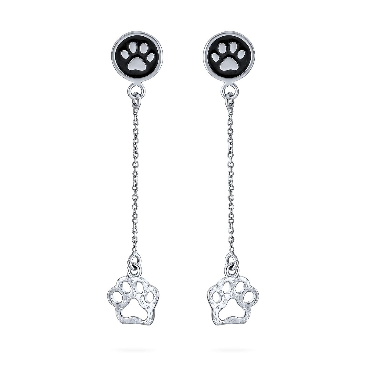BFF Pet Animal Lover Linear Black Enamel Dog Cat Kitten Puppy Paw Print Dangle Earrings For Women .925 Sterling Silver