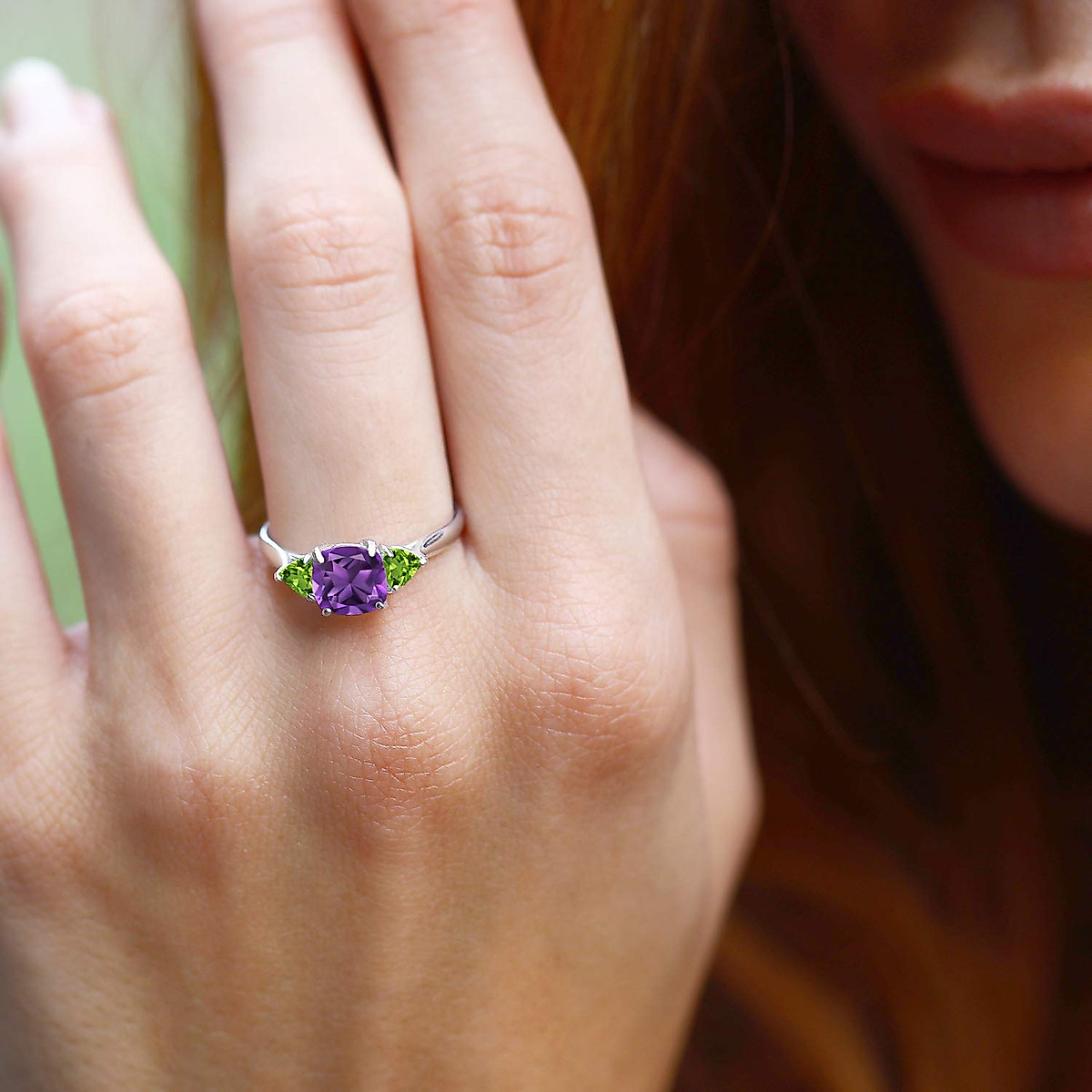 Gem Stone King 10K White Gold Purple Amethyst and Green Peridot 3-Stone Engagement Ring For Women (1.92 Cttw, 7MM Cushion and 4MM Trillion, Available In Size 5, 6, 7, 8, 9)