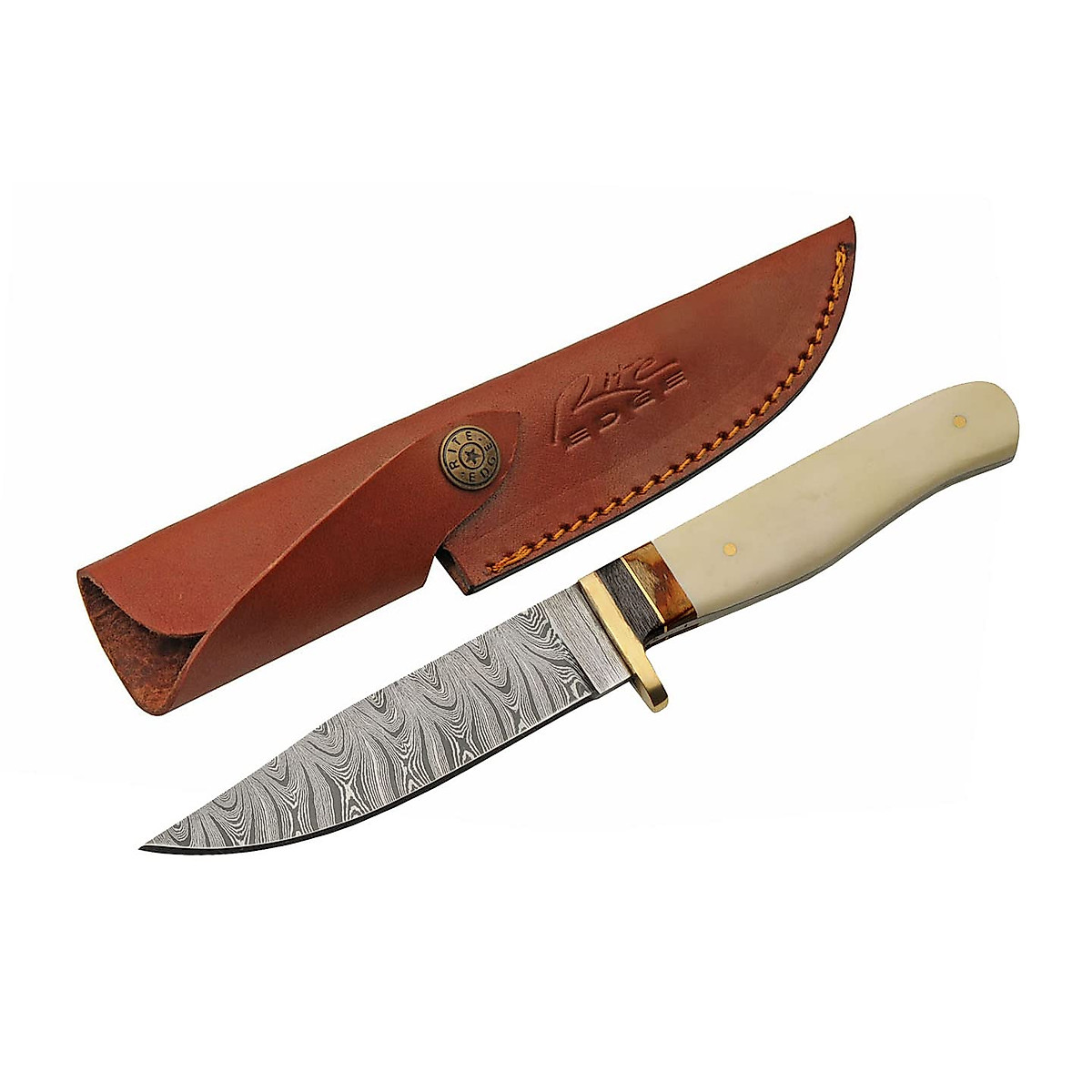 SZCO Supplies 9” Bone Handle Full tang Damascus Steel Outdoor Hunting Knife With Sheath,White