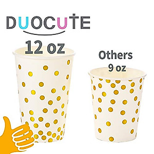 White and Gold New Year Eve 2025 Party Supplies 150PCS Golden Dot Disposable Party Dinnerware Includes Paper Plates, Napkins, Knives, Forks, 12oz Cups, Banner, for Bridal Shower, Wedding, Serves 25