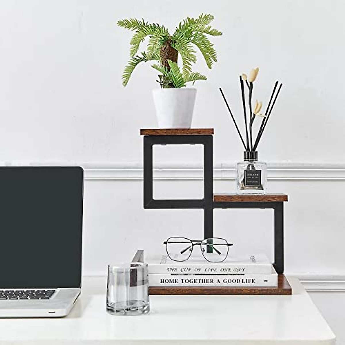 Gannyfer Wood Desktop Shelf - Freestanding Small Bookshelf Desk Supplies Organizers, 3 Tier Storage Display Rack Office Decor, Stand Shelves with Metal Frame for Books/Plants/Toys