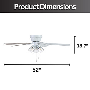 Portage Bay Ceiling 52" Renton White Indoor Fan with Clear 3 Light LED Multi Arm E26/B11 Bulb and Pull-Chains, Traditional Style, 5 Reversible Gray Oak Blades, 51441, 52 Inch