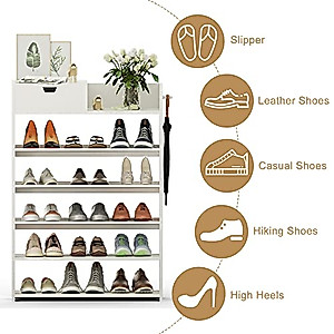 Waktavel 5 Tiers Vertical Shoe Rack with Hook, Wooden Shoe Rack Organizer with Open Top Free Standing Shoe Storage Stand for Entryway Hallway