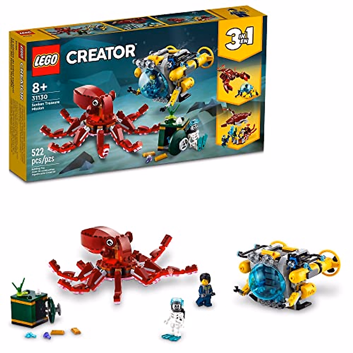 LEGO Creator 3in1 Sunken Treasure Mission 31130 Building Toy Set for Kids, Boys, and Girls Ages 8+ (522 Pieces)