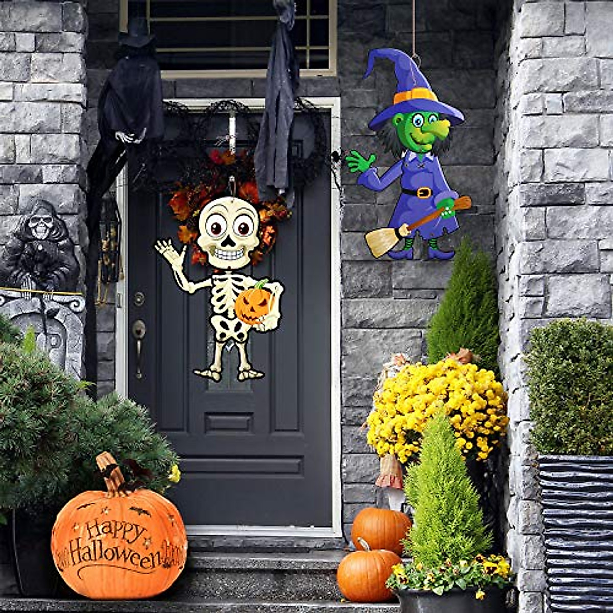Sumind 4 Sets Funny Halloween Party Decoration Jointed Figures Halloween Door Hanger, Hanging Halloween Wall Decoration Signs Vampire, Skeleton, Witch, Zombie Banners for Halloween Party Decor