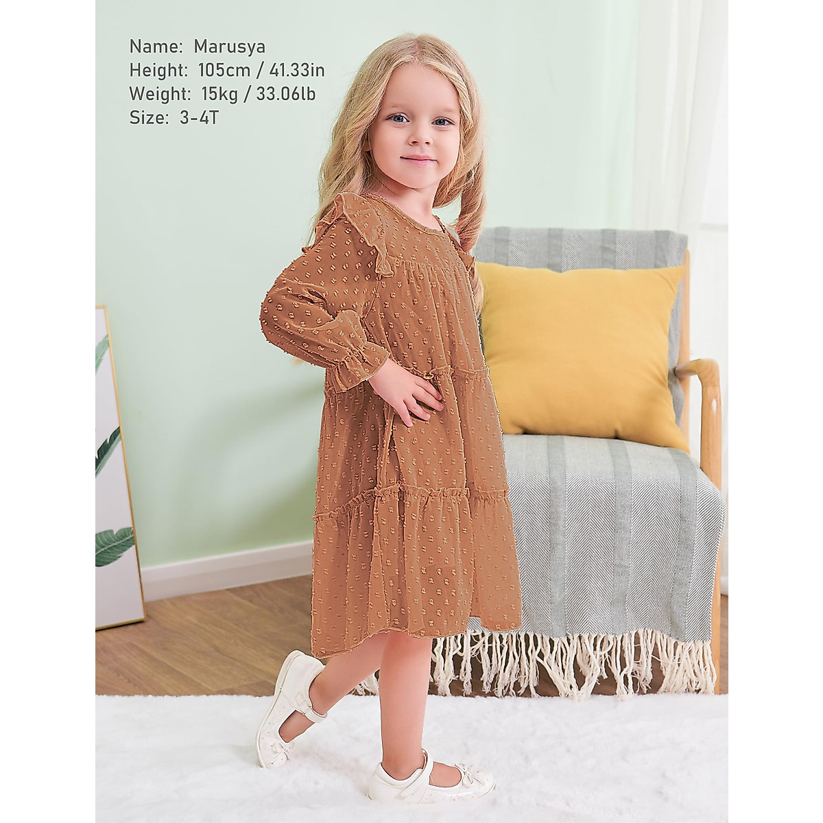 Glaoly Flower Girl Dress Summer A-Line Brown Ruffle Swiss Dot Mesh Flowy Chiffon Long Sleeve Princess Toddler Dress 5-6T