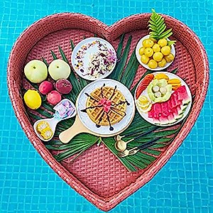 Heart-Shaped Rattan Serving Tray with Handles Stylish Farmhouse Decor Tray for Coffee Table,Tylish Breakfast Tray on The Water,for Pool Serving Drinks,Brunch,Food On The Water (Color : Rojo)