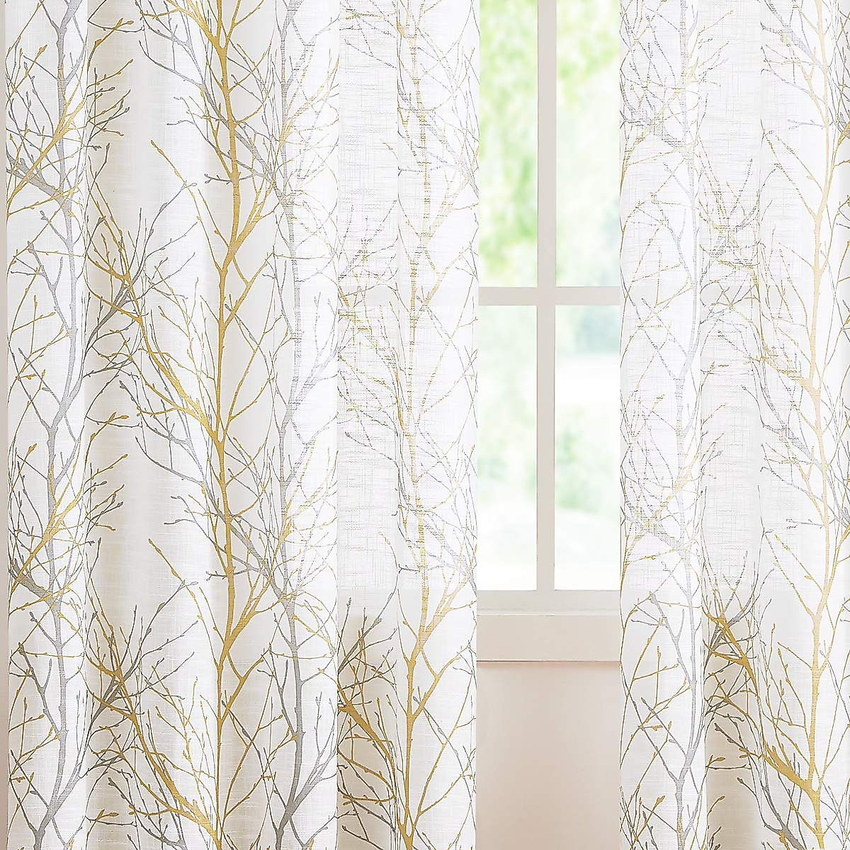 FMFUNCTEX Print Yellow Grey White Curtains for Living Room Linen Textured Tree Branches Pattern Window Treatment Set for Bedroom Window Drapes 50" W x 96" L - (2 Panels) Rod Pocket