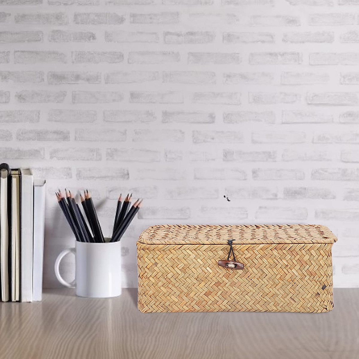 Jiawu Seagrass Baskets, Handwoven Seagrass Storage Bins with Lid, Multipurpose Rectangular Shelf Baskets, Household Boxes with Buckle, Small Rustic Container for Shelves Organizing (L)