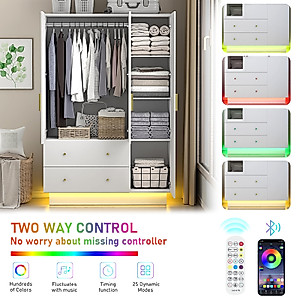 jiteentarou 3 Door Wardrobe Closet with Mirror & LED Lights, Bedroom Armoire with Drawers & Shelves, Modern Wooden Armoire Wardrobe Closet with Hanging Rod for Bedroom, White