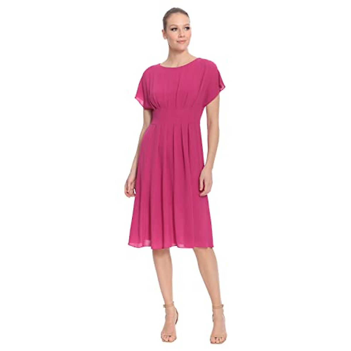London Times Women's Pleat Tuck Catalina Crepe Dress with Waistband, Fuchsia Red, 14