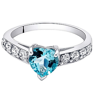 PEORA Swiss Blue Topaz Heart Promise Ring for Women 925 Sterling Silver, Natural Gemstone Birthstone, 1.50 Carats Heart Shape 7mm, Comfort Fit, Size 8