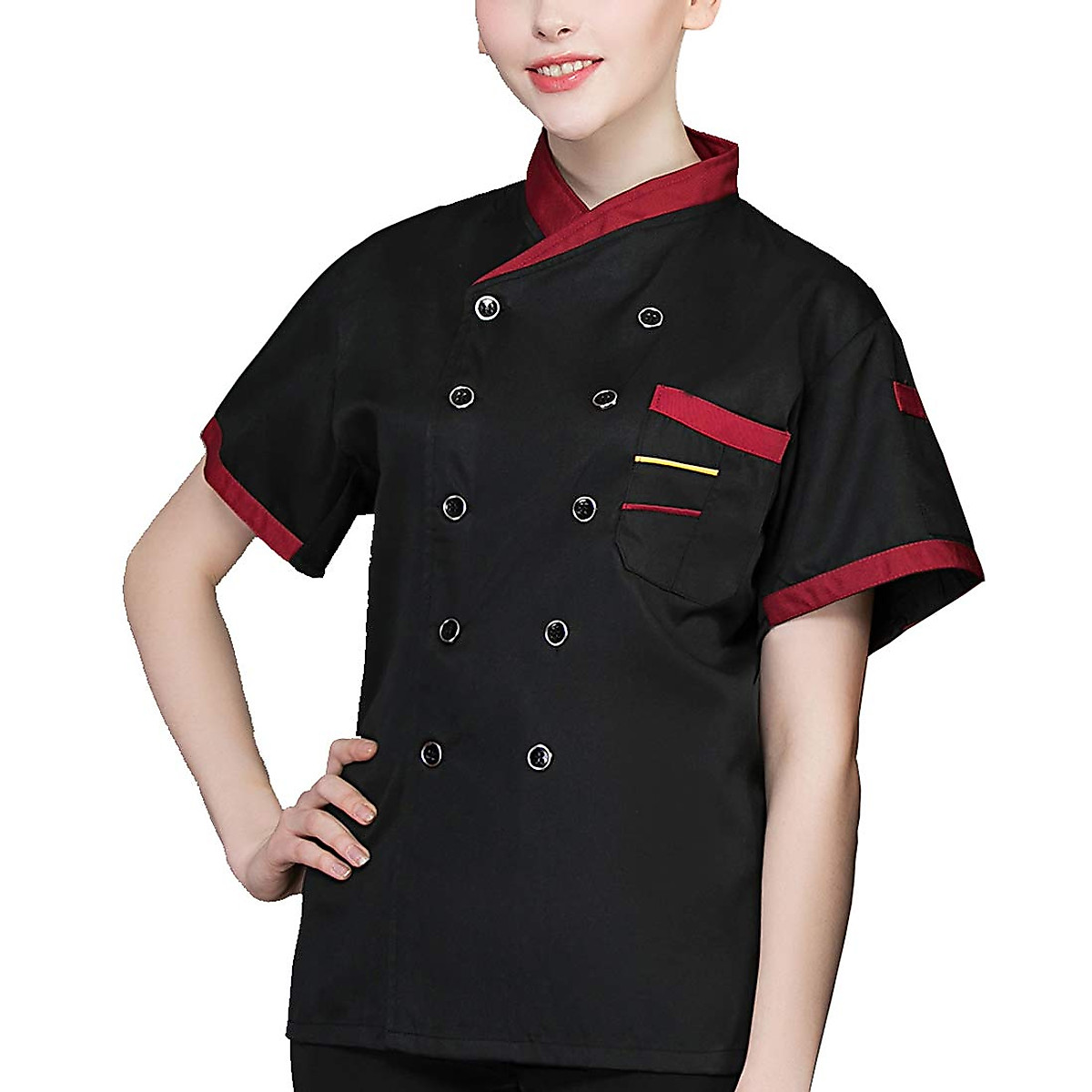 Chef Short Sleeve Unisex Classic Double-Breasted Coat Jacket (Black, Large)