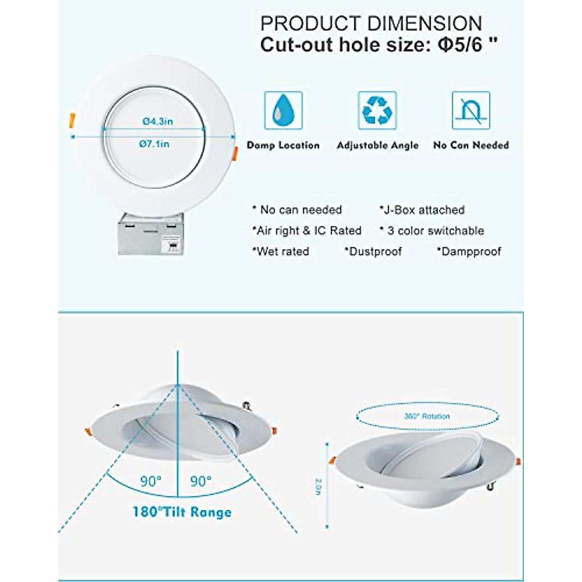 6Pack 𝗠𝗲𝘁𝗮𝗹 LED Downlight and Gimbal Recessed Lighting 6 inch, Adjustable Angled LED Recessed Lighted 3000K/4000K/5000K 12W=120W 1200LM Super Bright Directional Downlight