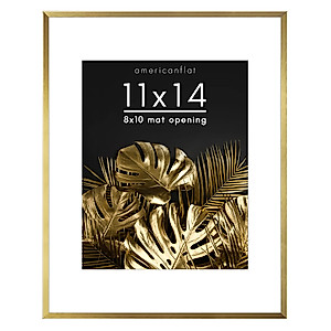 Americanflat Aluminum 11x14 Picture Frame in Gold - Use as 8x10 Picture Frame with Mat or 11x14 Frame Without Mat - Shatter Resistant Glass with Built-in Hanging Hardware for Wall