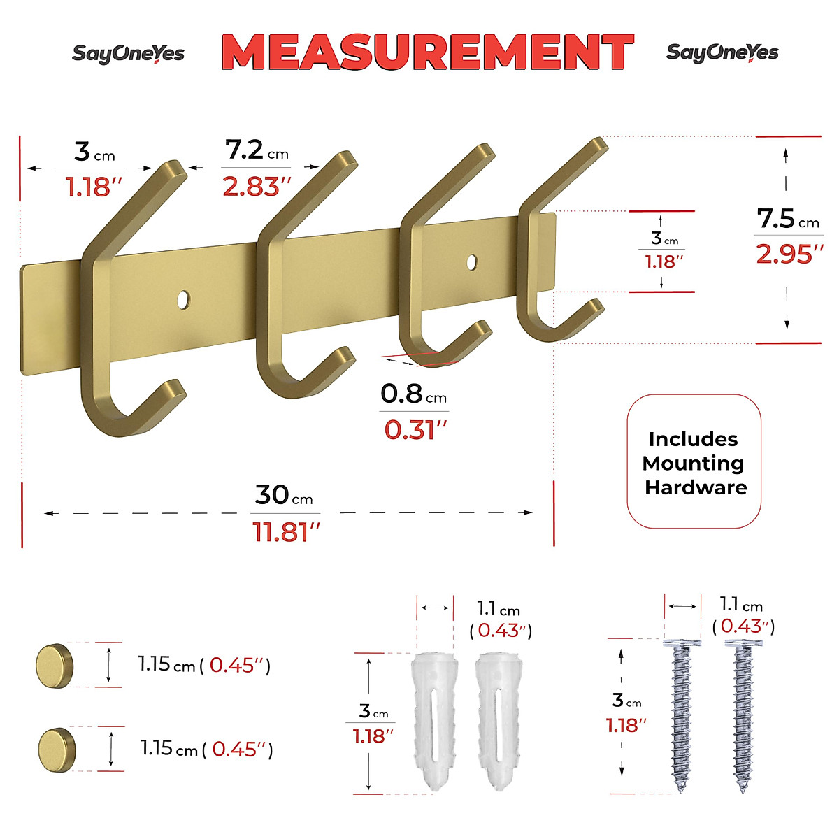 SAYONEYES Brushed Gold Coat Rack Wall Mount with 4 Double Hooks for Hanging – 12 Inch Heavy Duty SUS304 Stainless Steel Rustic Coat Hooks – Hat, Clothes, Purse, Towel Wall Hooks – 1 Pack