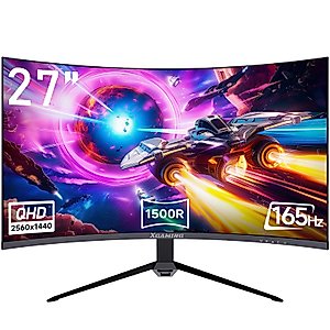 27 Inch Curved Gaming Monitor, QHD 2560 x 1440 Computer Monitor 144Hz/165Hz, 16:9 Wide HDR Display, FreeSync, 1ms Response, PC Monitor Built-in Speaker, 2* HDMI & DisplayPort, Tilt Adjustable
