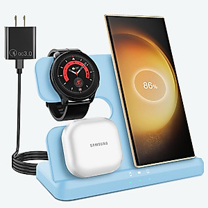 Charging station for Samsung,OVISBAI 3 in 1 wireless charger for Android Samsung Galaxy Z Fold5 /Z Flip5/S24 S23 Ultrl/S22 Ultra/S23/Z Fold 4/Flip 4/S22,Galaxy Watch 6/6 classic/5/5 Pro/4(Sky Blue)