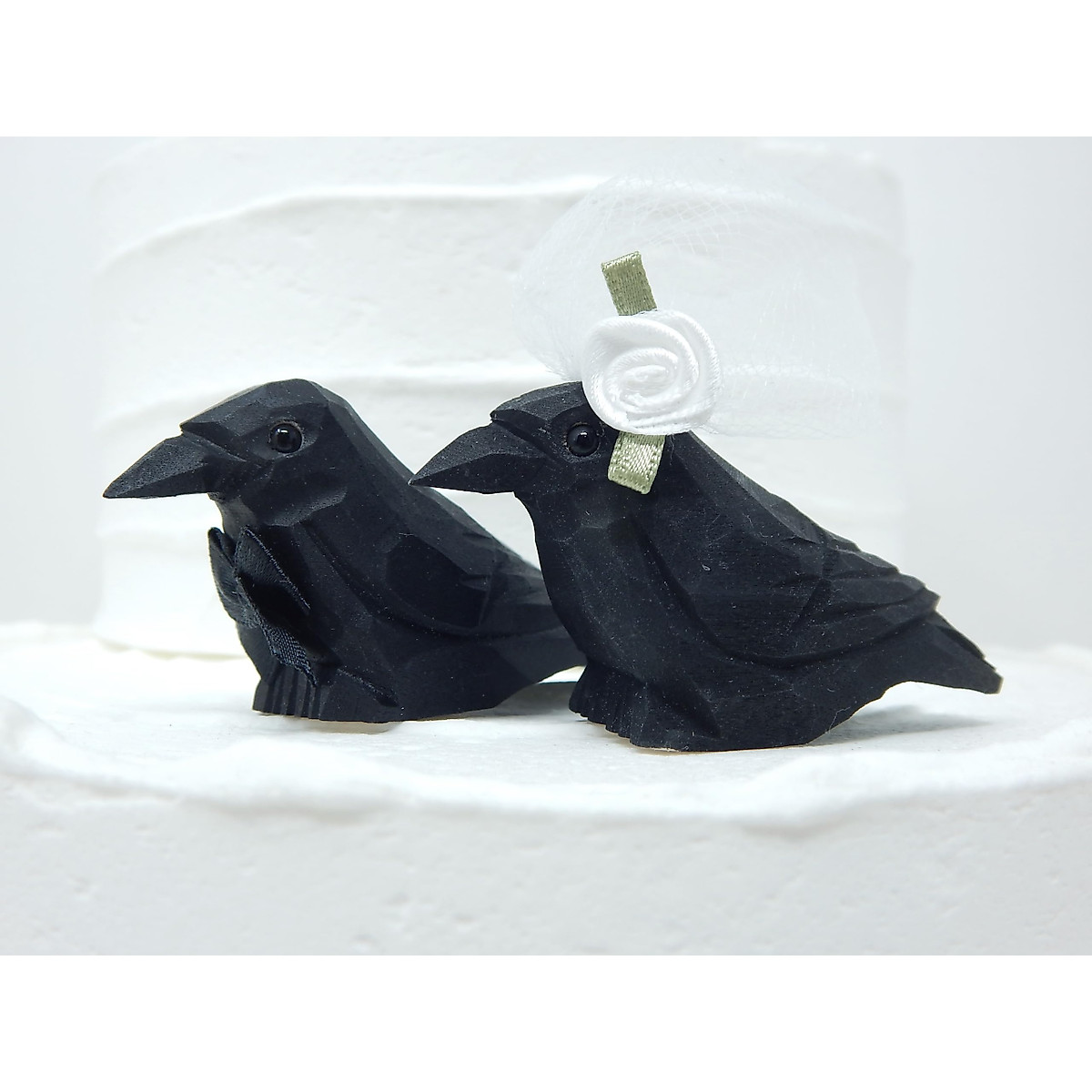 Raven Crow Black Birds Cake Topper Bride & Groom Wedding Engagement Anniversary Carved Wood Statue