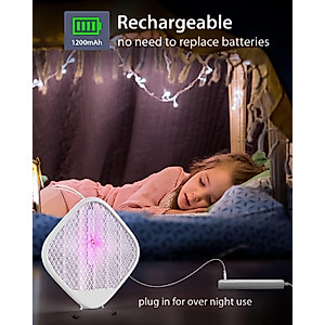 Electric Fly Swatter Racket Fly Zapper - Powerful 4000V Mosquito Zapper Racket & Night Bug Zapper 2 Modes, Foldable Hanging Standing Handheld Rechargeable Fly Killer, 3-Layer Safe for Humans Pets