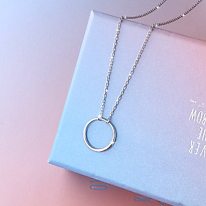 Ladytree S925 Sterling Silver Dainty Simple Circle Pendant Eternity Necklace,Rolo Chain,18+2