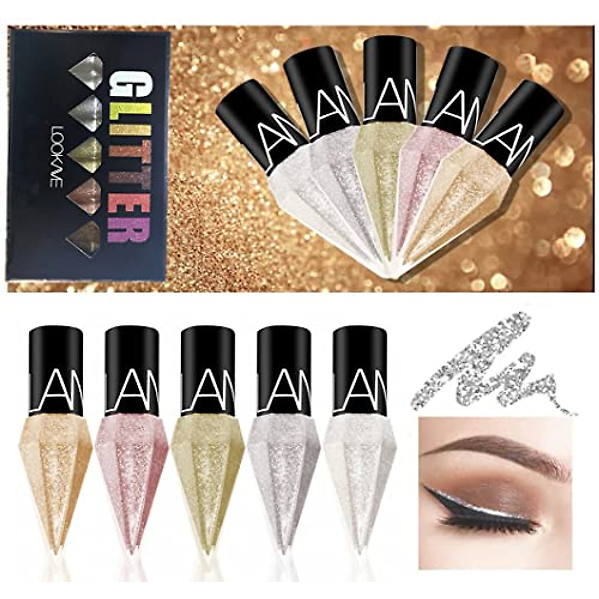 Go Ho Glitter Liquid Eyeliner Colorful Set,5 Colors Metallic Shimmer White Silver Gold Diamond Eye Liner,Glitter Eyeliner Make up,Waterproof Long Lasting Glow Sparkle Eye Makeup