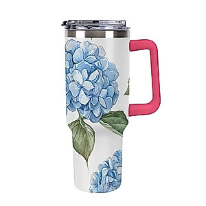 40 Oz Vacuum Tumbler with Light Rose Red Handle Leakproof Insulated Tumbler Blue Hydrangea Pattern Stainless Steel Travel Mug with Lid And Straw Coffee Cup Cute Water Bottles Cup Holder Friendly