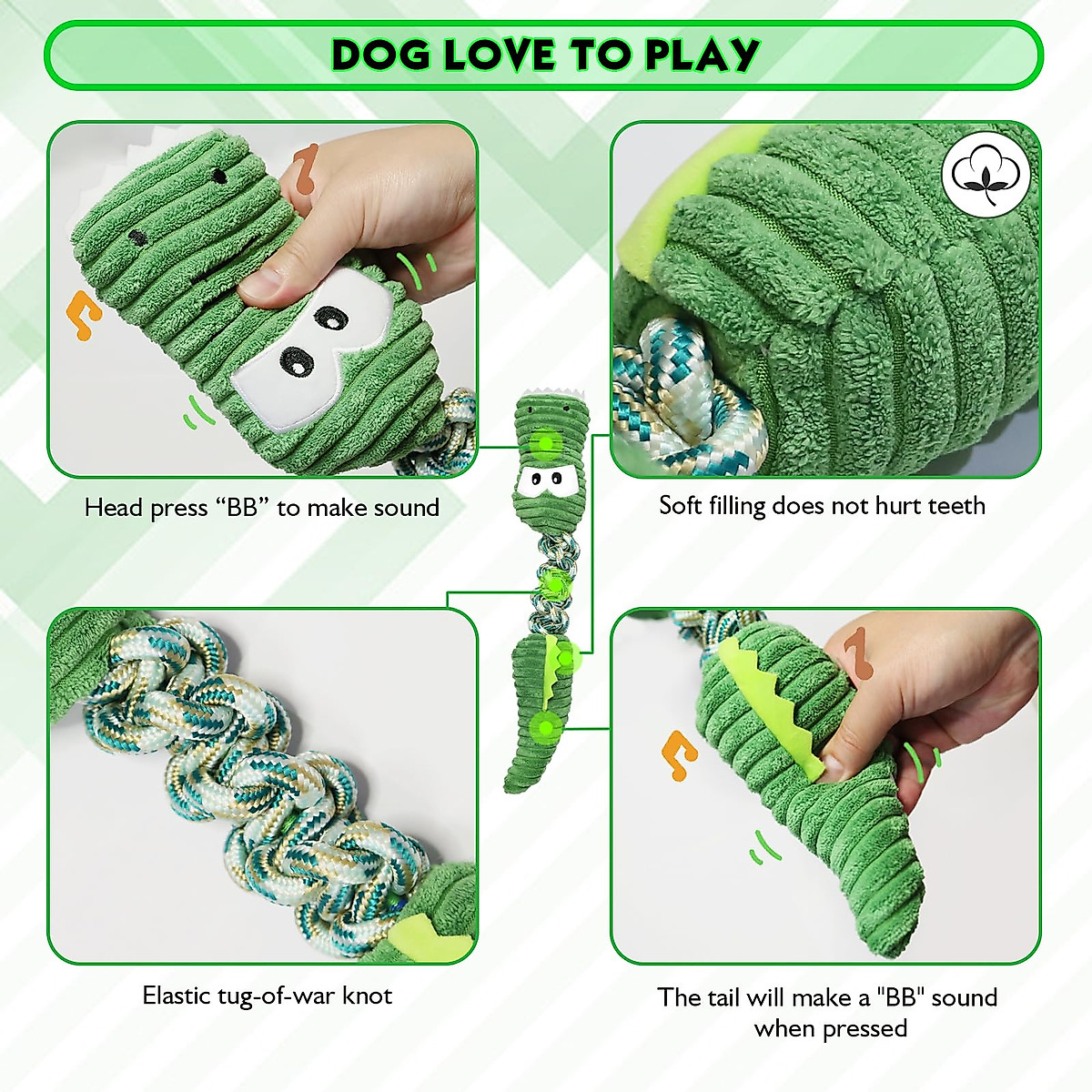 Dog Toy with Cotton Rope,Suitable for Medium to Large Dogs, Interactive Squeaky Dog Toys，Chew Toy Durable Plush Dog Toys，Durable Stress Relief Cute Alligator Shape