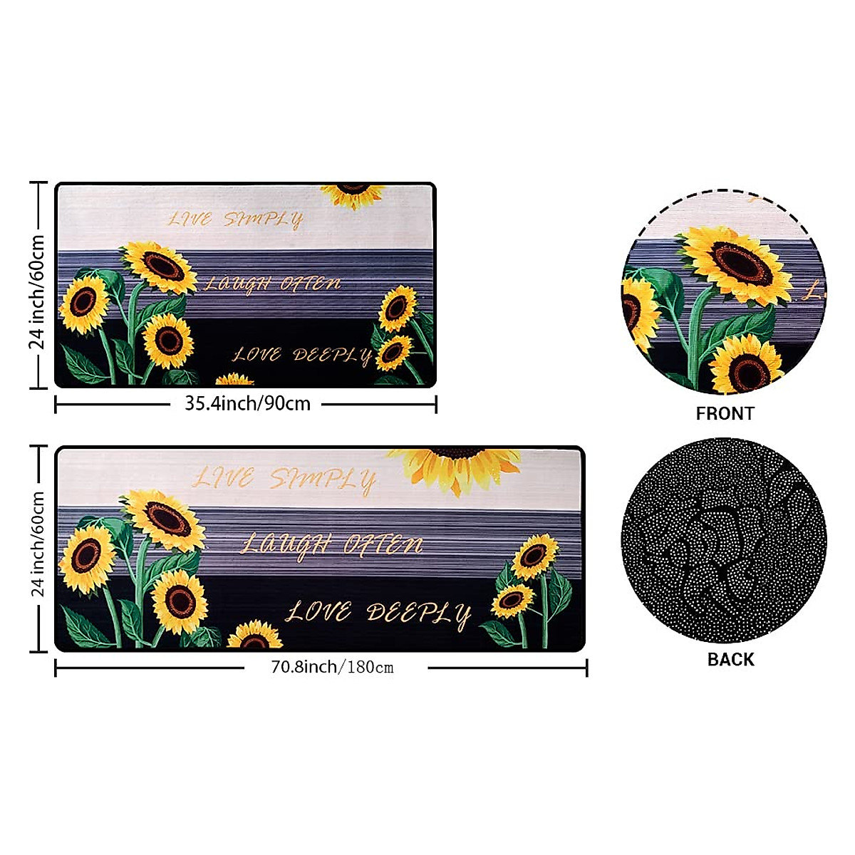DALISHI Sunflower Kitchen Mat and Rug Set of 2, Farmhouse Kitchen Rug, Non-Slip Black Grey Yellow Kitchen Rug Runner Rug Kitchen Set Washable Floor Mats17*31.4 +17 * 47.2 in