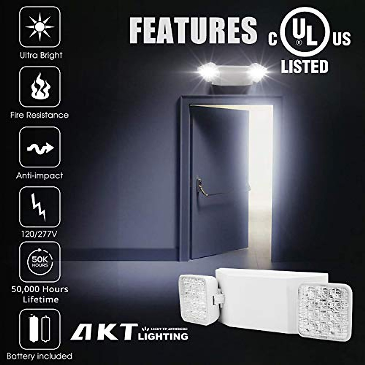 AKT LIGHTING Commercial Emergency Light, Back-up Battery Emergency Exit Lighting Fixtures with Adjustable Hardwired 2 LED Head Wall Mount White for Hallways/Stairways, UL Certified(6 Pack)
