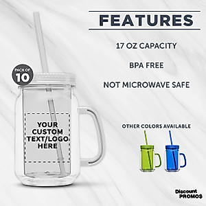 DISCOUNT PROMOS Custom Mason Jars with Straw 17 oz. Set of 10, Personalized Bulk Pack - Glass Jars for Overnight Oats, Candies, Fruits, Pickles, Spices, Beverages - Clear