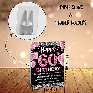 60th Birthday Party Table Sign with Paper Holder, Rose Gold Birthday Standing Sign for Table Decoration, Happy Birthday Table Decor for Women, Anniversary Celebration Favor Supplies(1 Set of), A11