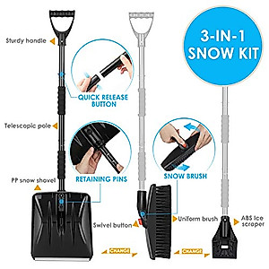 CLISPEED 3-in-1 Snow Shovel Kit Portable Snow Shovel with Ice Scraper and Snow Brush (Black)