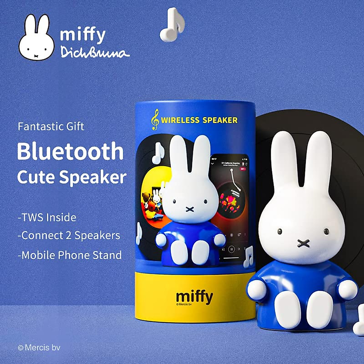 Miffy Portable Bluetooth Speakers, Cute Portable Wireless Speakers with Loud Stereo Sound, Built-in Mic, TF-Card Slot, Dual Pairing,40H Playtime for Room, Desk Decor, for her (Orange)