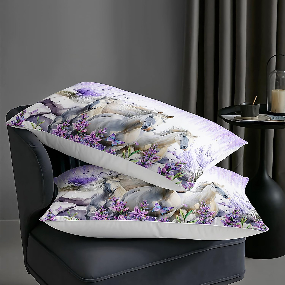 AILONEN Horse Comforter Set Twin Size, Purple Lavender Flower Bedding Set for Girls Women,Galloping Horse Bed in a Bag Quilt and 2 Pillowcases,3 Pieces Twin Comforter Set