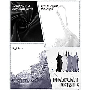 Neer 3 Pack Women's Satin Tank Tops, Lace Trim Silk Camisole V Neck Spaghetti Strap Top Loose Sleeveless Blouses Cami Shirt (White, Black, Gray, XX-Large)