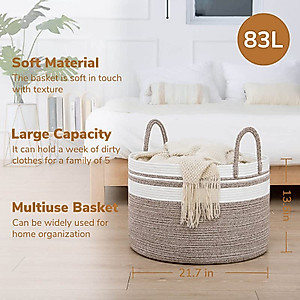 CHICVITA Large Woven Rope Laundry Basket, Baby Storage Basket for Blankets, Clothes, Toys, Towels, Pillows, Shoes, Decorative Jute Basket for Living Room, 21.7 x 13.8 inches, 83L White & Brown