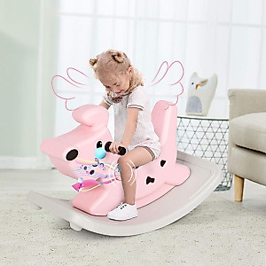 BABY JOY Kids Rocking Horse,Ride-on Horse for Toddlers with Music & Lights, HDEP Ride Animal Dog Rocker for Indoor & Outdoor,Boys & Girls Rocking Toy for Age 6 Mons Up (Pink)