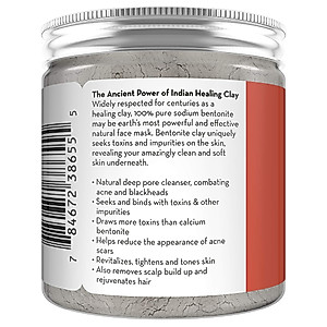 Pure Body Naturals Bentonite Clay Powder for DIY Detox Body & Face Mask, Pure Indian Healing Clay for Deep Pore Cleansing and Armpit Detox for Women, (8.0 oz)