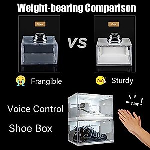 STAHMFOVER 2-Pack LED Sneakers Boxes-Voice Control,Stackable Clear Shoe Display Cases-Easy Access,Plastic Collection Storage Containers with Lids, Magnetic Open Shoe Organizer (WHITE)