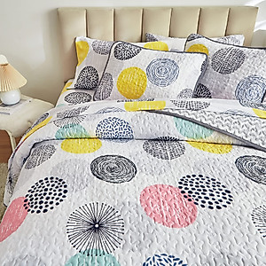 UOZZI BEDDING 7 Piece Quilt Set Bed in a Bag Colorful Dots King Size All Season Bedspread Coverlet with (1 Reversible Quilt 101x88, 2 Pillow Shams, 1 Flat Sheet, 1 Fitted Sheet, 2 Pillowcases)